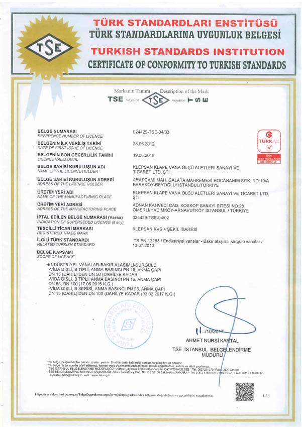Certificates | Klepsan Valves & Water Meter